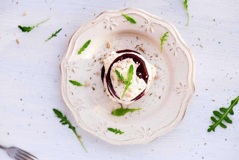 Beetroot and Mozzarella Salad and Arugula Stock Image - Image of olive ...