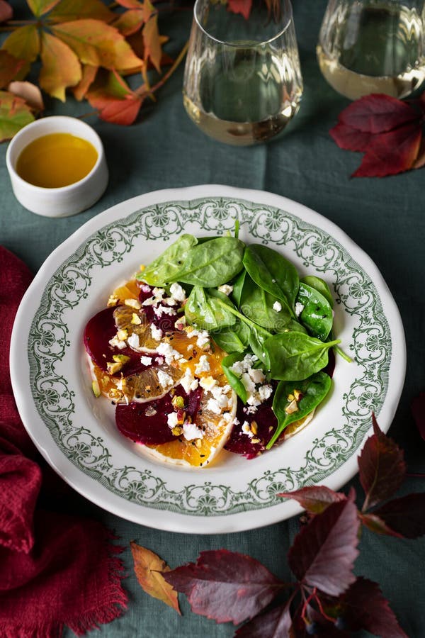 Beetroot and Orange Salad with Spinach and Feta Cheese Stock Photo ...