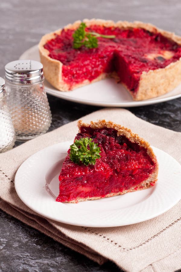 Beetroot Pie with Feta Cheese on White Plate Stock Photo - Image of ...
