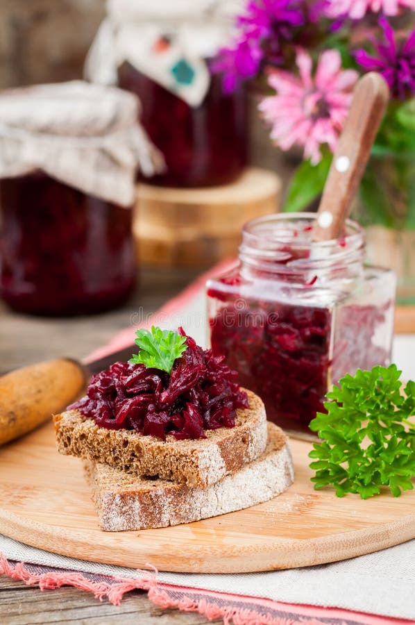 Beetroot Relish Preserves on Rye Toast Stock Photo - Image of grated ...
