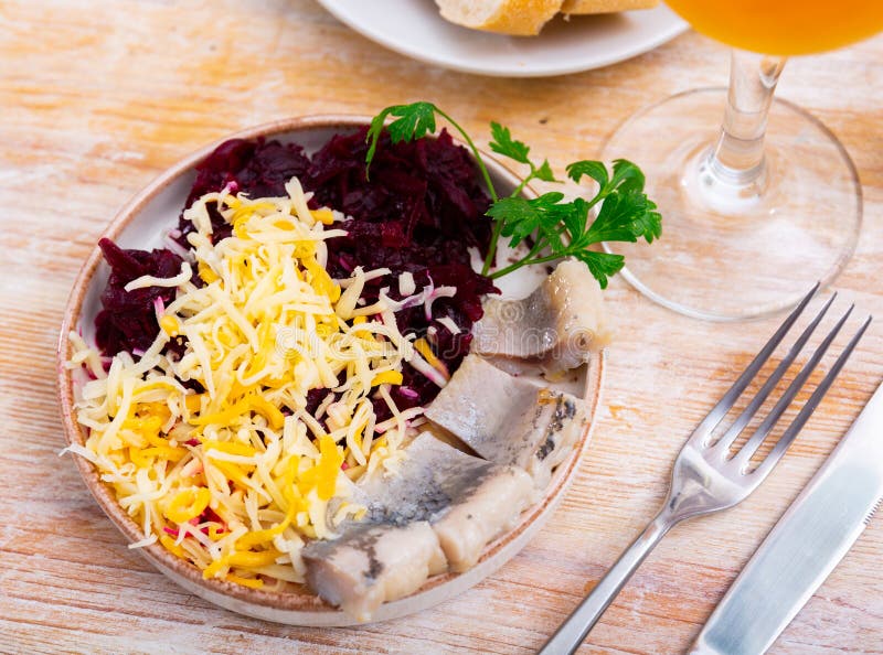 Beetroot Served with Cheese and Pickled Mackerel Stock Image - Image of ...