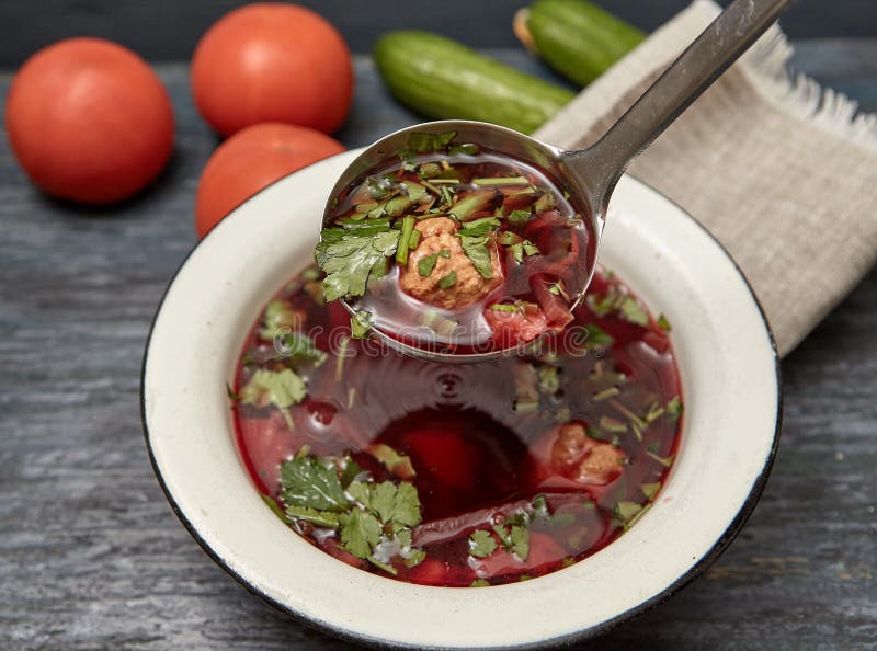 Beetroot soup with beef stock photo. Image of restaurant - 68572956