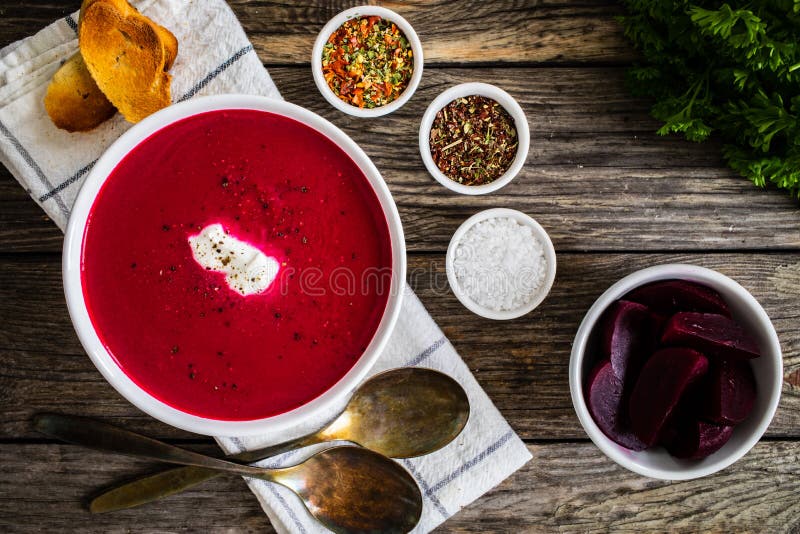 Beetroots Cream Soup on Wooden Table, Top View Stock Photo - Image of ...