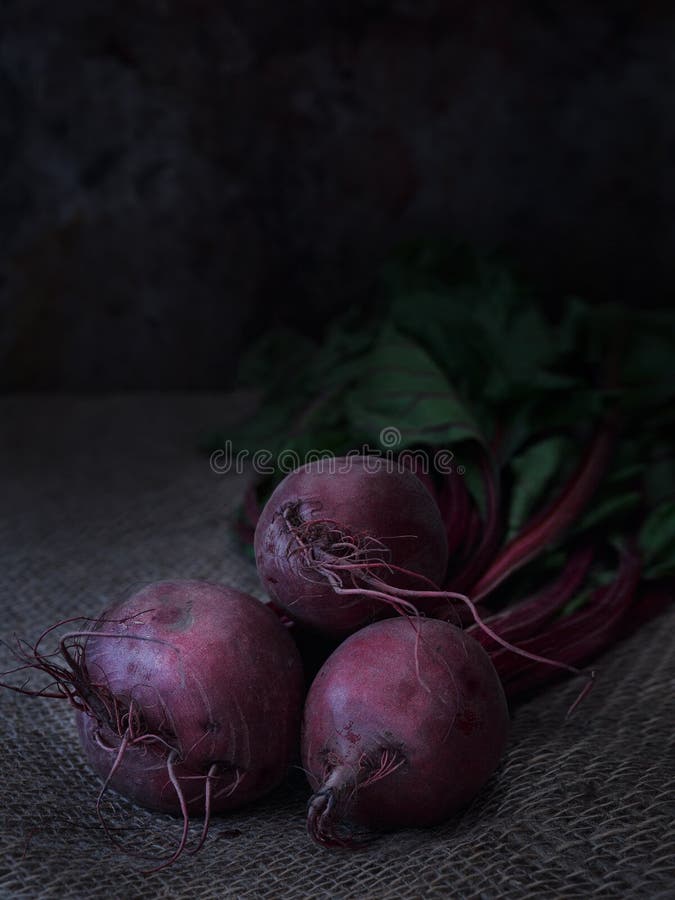 Beets with Tops on Sacking, Low Key. Stock Photo - Image of rustic ...