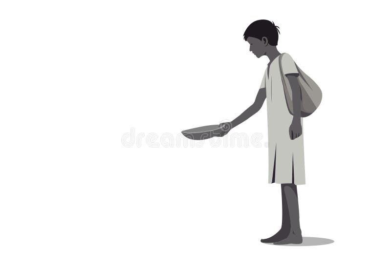 Vector Illustration of a Ragged Male Beggar Standing, Holding a Bowl ...
