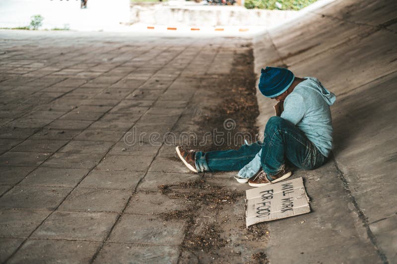 Begging Under the Bridge with the Message Will Work for Food Stock ...