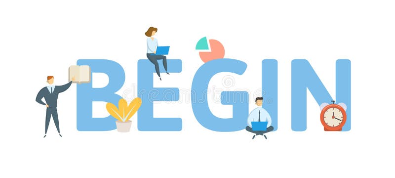 BEGIN. Concept with People, Letters and Icons. Flat Vector Illustration ...