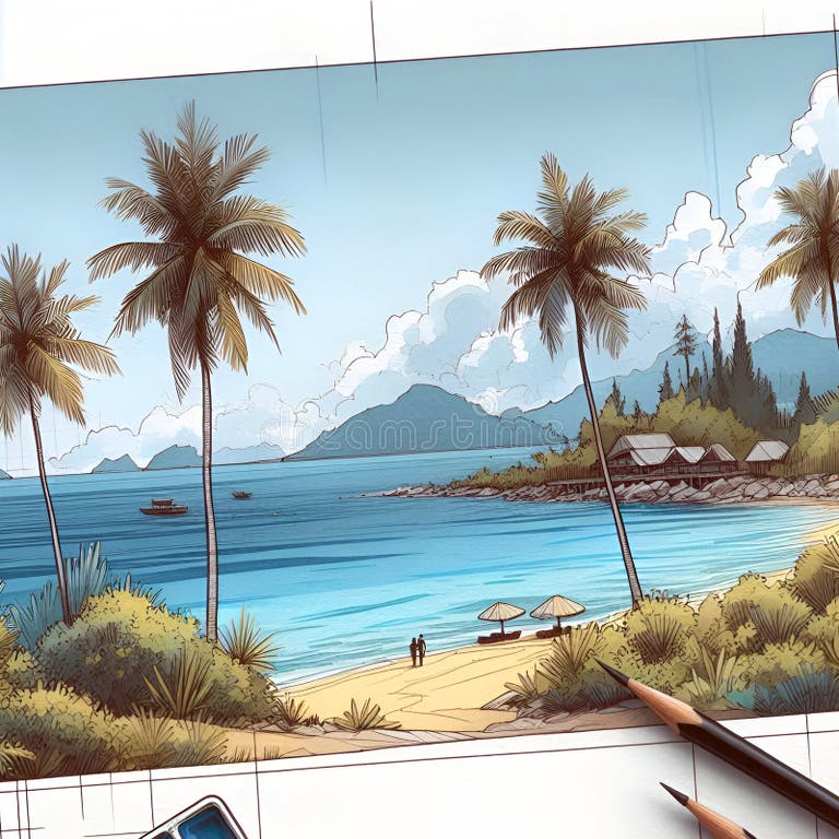 Begin by Sketching Out the Basic Composition of Your Scene. this Includes the Palm Trees, the ...