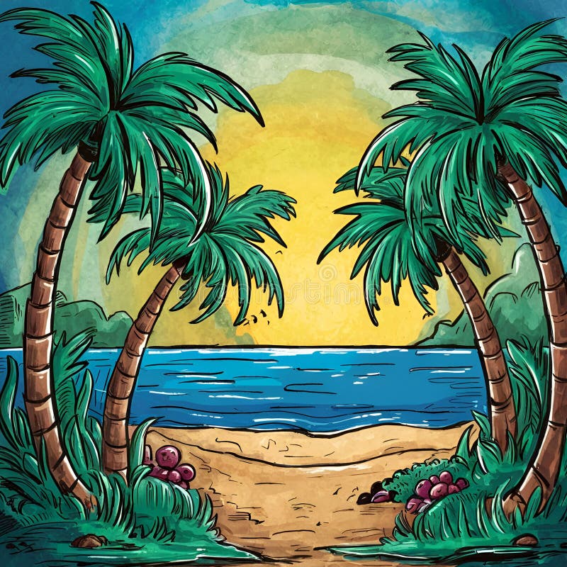 Begin by Sketching Out the Basic Composition of Your Scene. this Includes the Palm Trees, the ...