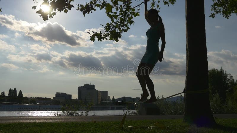 Beginner Tightrope Walker Makes First Steps Stock Footage - Video of ...