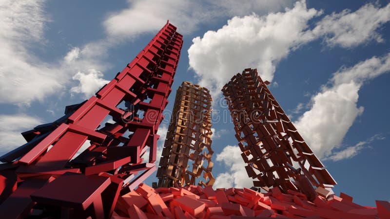 During Falling Down of Three Buildings of Many Blocks with a Blue Sky ...