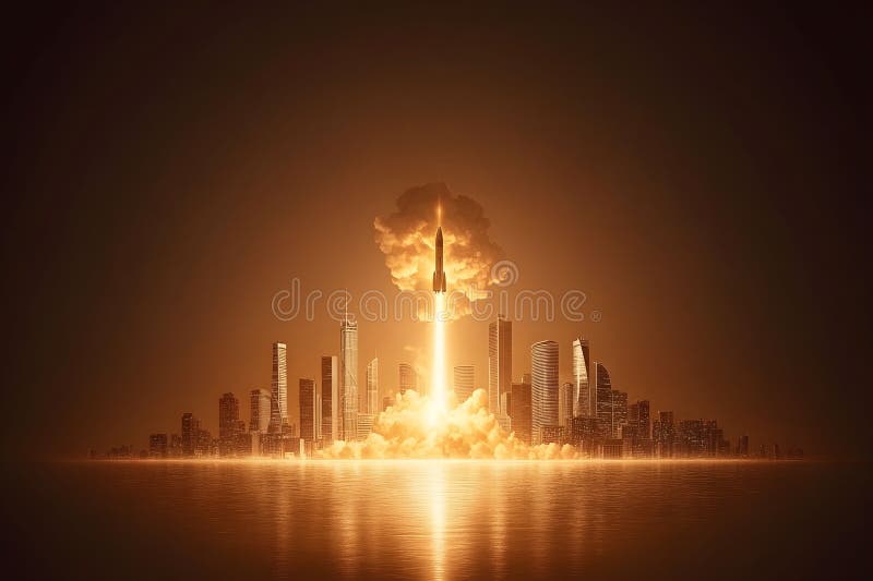 Nuclear Rocket Launch Illuminating a Futuristic City Skyline at Dusk ...
