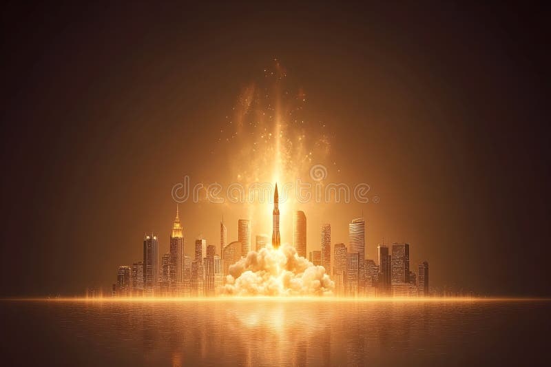 Nuclear Rocket Launch Illuminates Futuristic City Skyline Against a ...