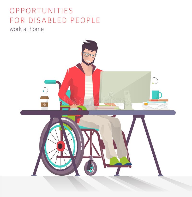 Begrepp Av Mannen Med Handikapp Som Arbetar Med Datoren Vektor ...