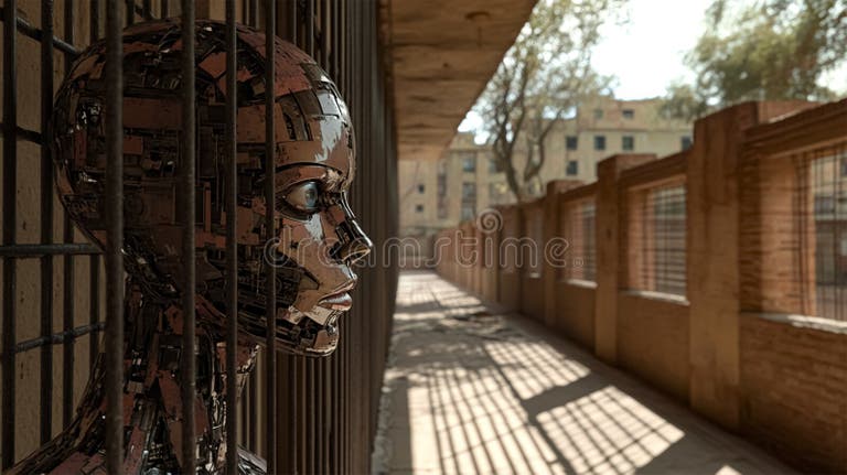 Behind Bars in Prison Robot Cyber, Terminator, Cyborg Prisoner Stock ...