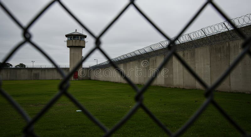 Behind Bars: Prison Security Tower with Barbed Wire Fence in Overcast ...