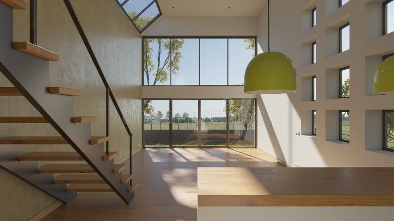 Behind the Kitchen Counter in an Empty Open Plan House in Natural ...