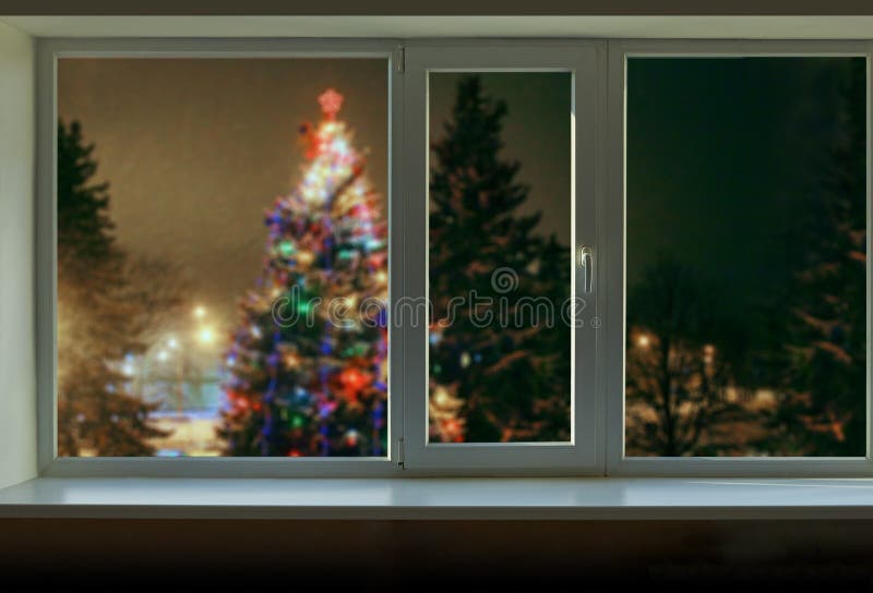 Behind Large Windows Christmas Tree Stock Photo - Image of christmas ...