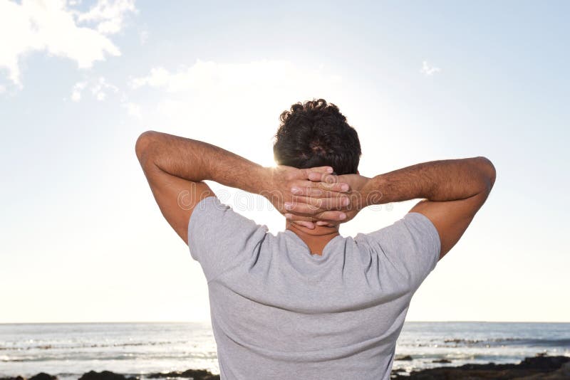 Behind of Man Looking at Sea with Hands Behind Head Stock Image - Image ...