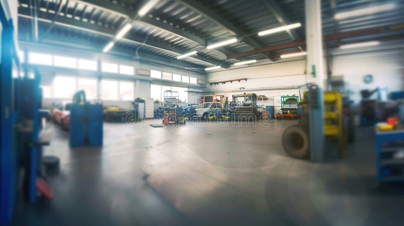 Behind the Scenes, Blurred Panoramic Auto Repair Workshop. Generative ...