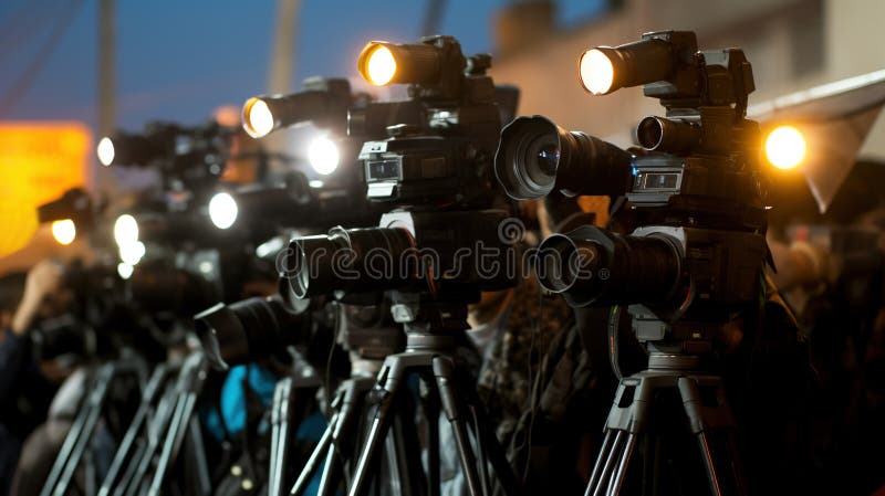 Behind the Scenes, Media Professionals at Work with Cameras and Flashes ...