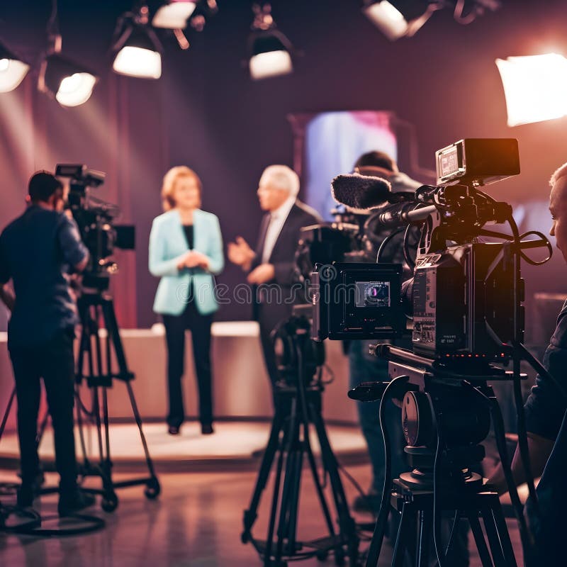 Behind Scenes of Television Interview Set: Professional Cameras Aimed ...
