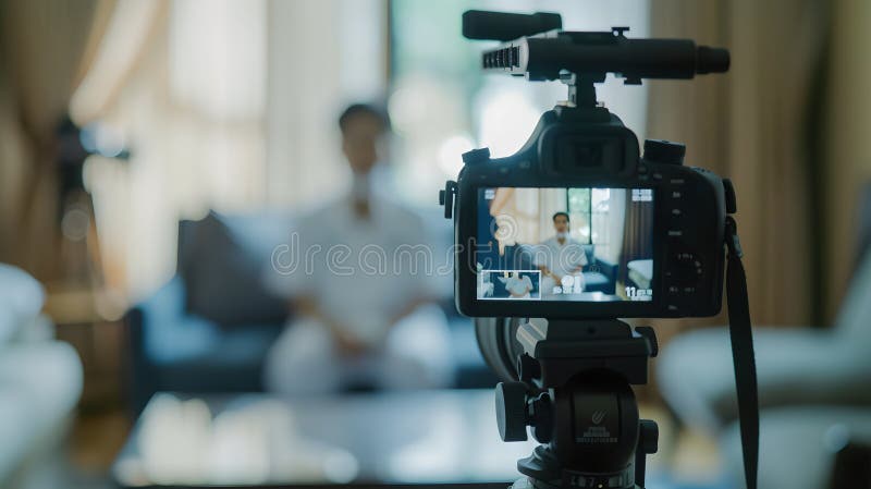 Behind the Scenes of a Video Interview. Professional Camera in Focus ...
