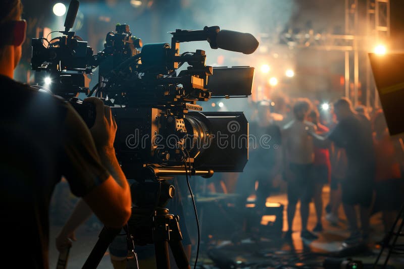 Behind-the-scenes View of a Film Crew Working on a Set Under Intense ...