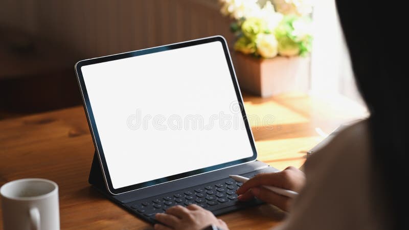 Behind Shot Female Typing Her Tablet . Stock Photo - Image of office ...