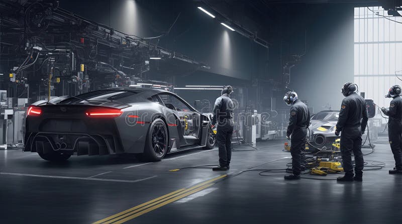 Rear View of Technician Assembling Black Sport Car Using High Tech ...