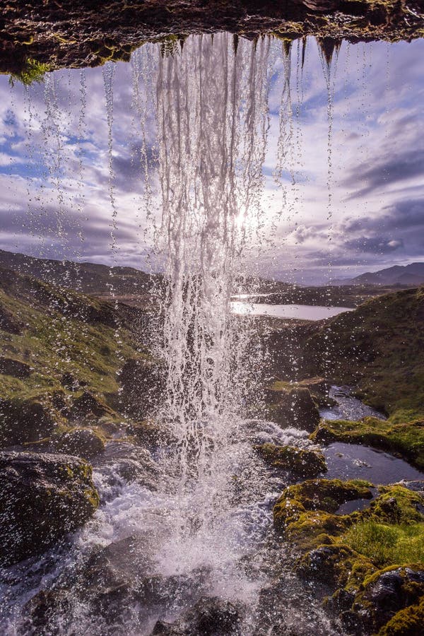 Behind Small Waterfall in Iceland Stock Image - Image of hiking, grotto ...