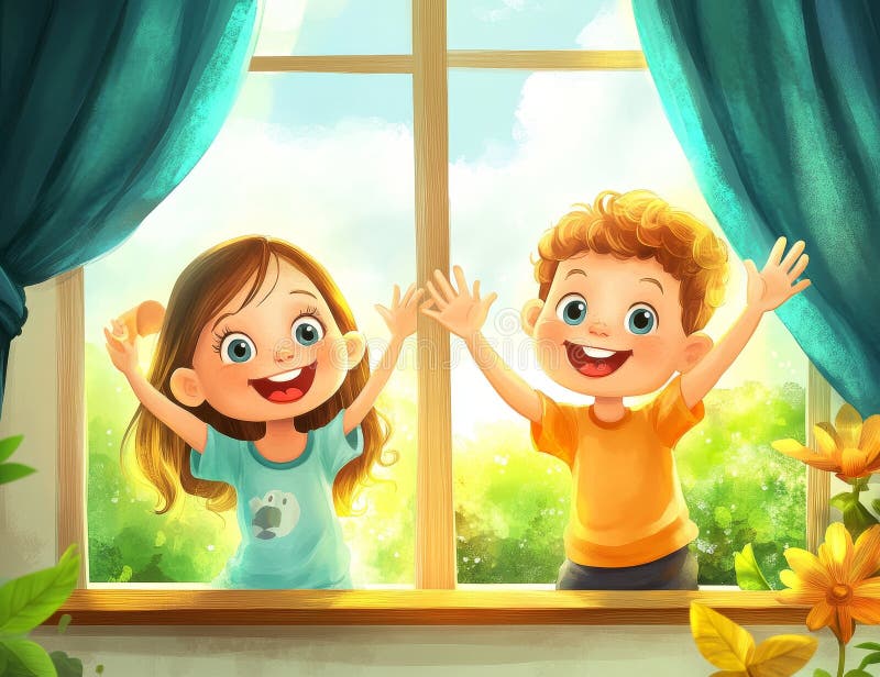 Behind the Window, Children are Looking Outside the House Stock ...