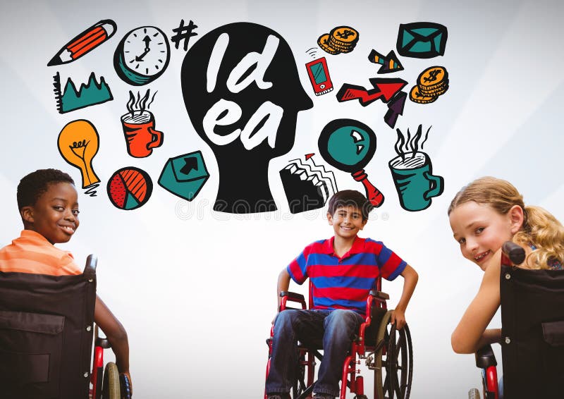 Behinderte Kinder Im Rollstuhl Mit Bunten Ideengraphiken Stockbild ...