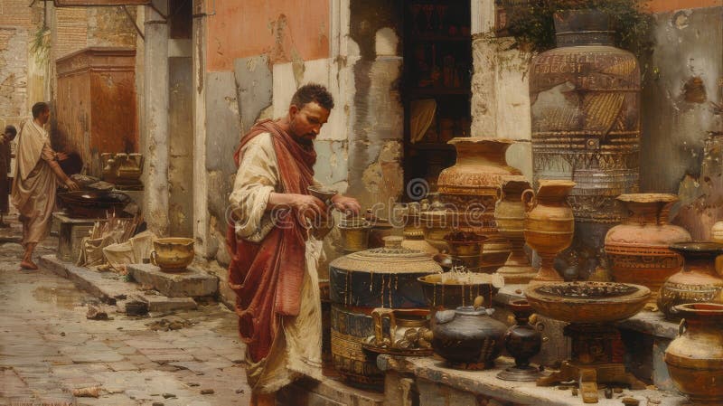 Ancient Rome Market: Pottery Vendor Displaying Fine Earthenware Stock ...