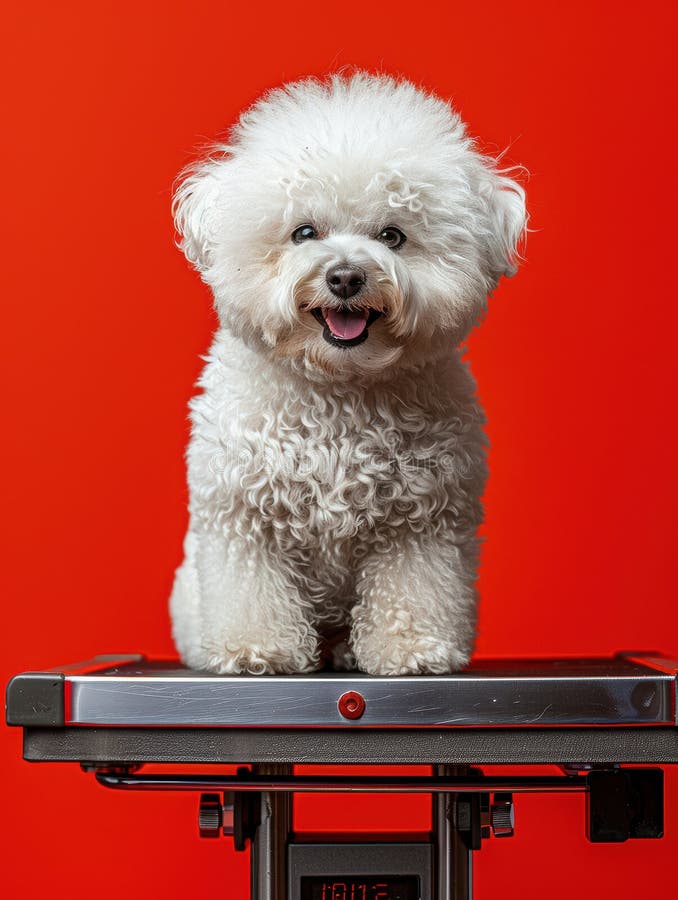 Adorable Fluffy White Dog Sitting on Veterinary Scale Against Vibrant ...