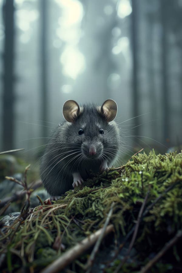 A Close Up Shot of a Curious Brown Mouse Standing on Mossy Ground in a ...
