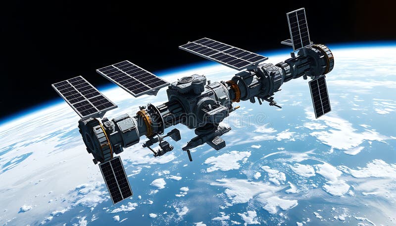 Space Station Orbiting Earth, Cosmic Exploration Tech, Stock Photo ...