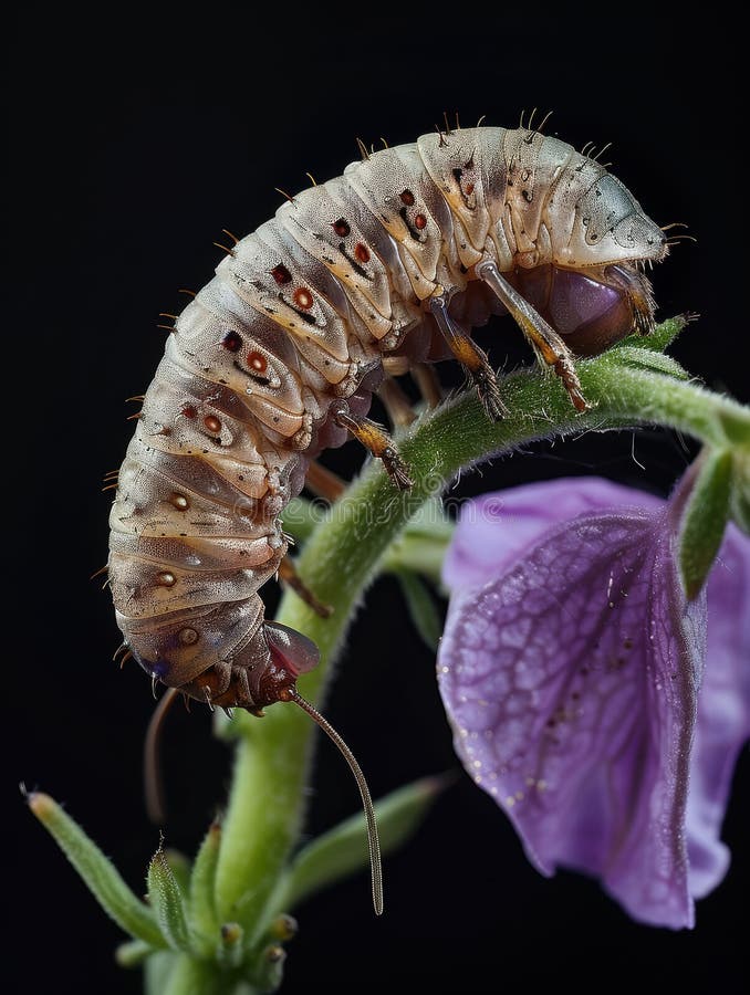 Close Up Image of a Caterpillar on a Flower Stem Highlighting Detailed ...