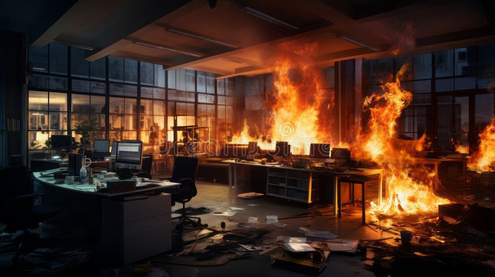 Nightmare at the Office: Fiery Chaos in an Open Workspace Stock ...