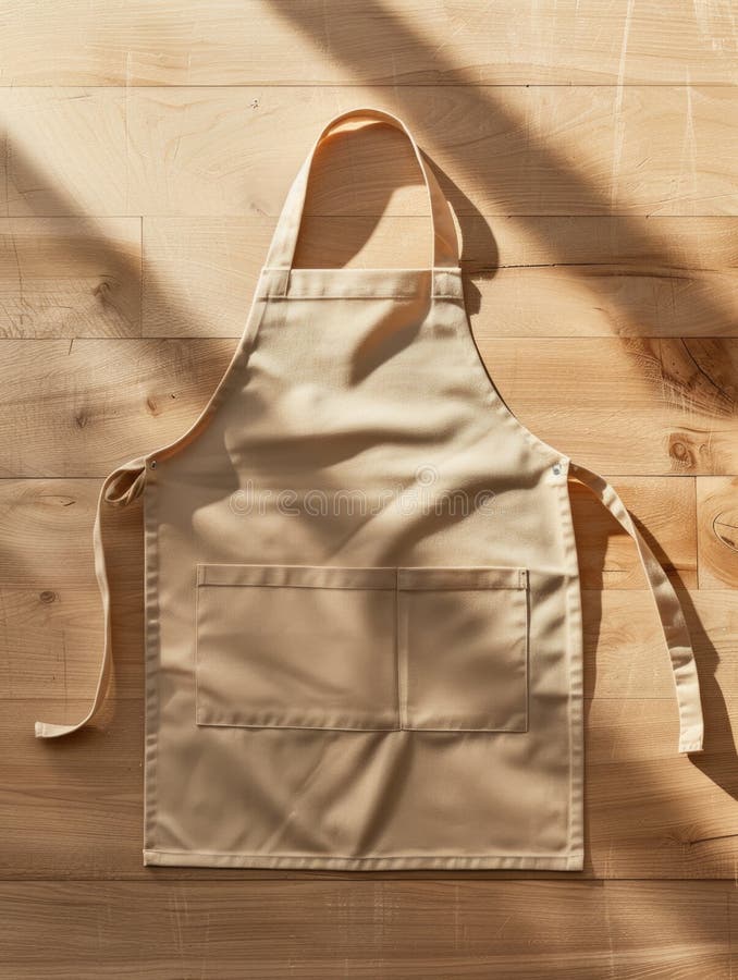 Beige Apron on Wooden Table Stock Image - Image of grocery, apparel ...