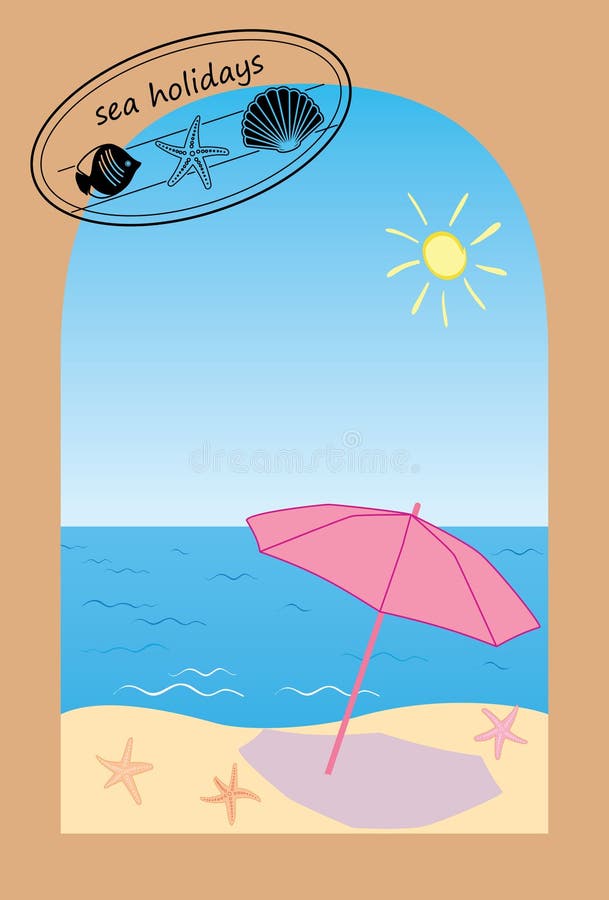 Beige Arch with Sea Beach and Parasol - Vector Vertical Postcard with ...