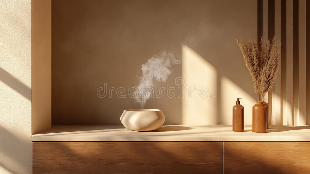 Beige Aroma Diffuser on Wooden Shelf with Sunlight and Pampas Grass ...