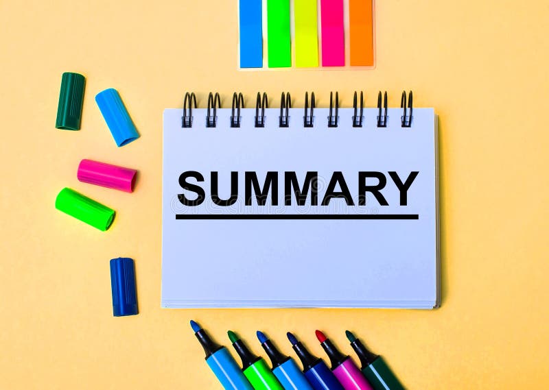 The Word SUMMARY is Written in a White Notebook Near a Black Pen on a ...