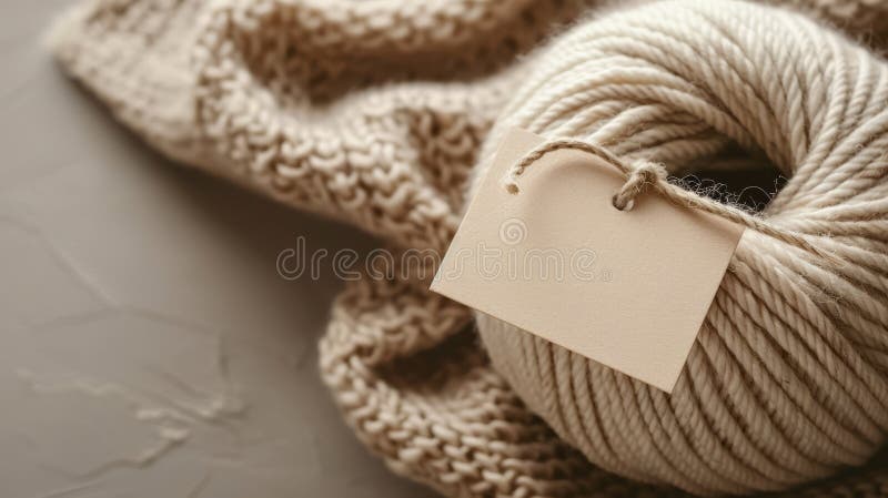 A Beige Ball of Yarn with a Blank Label and Knitted Fabric. Stock Photo ...