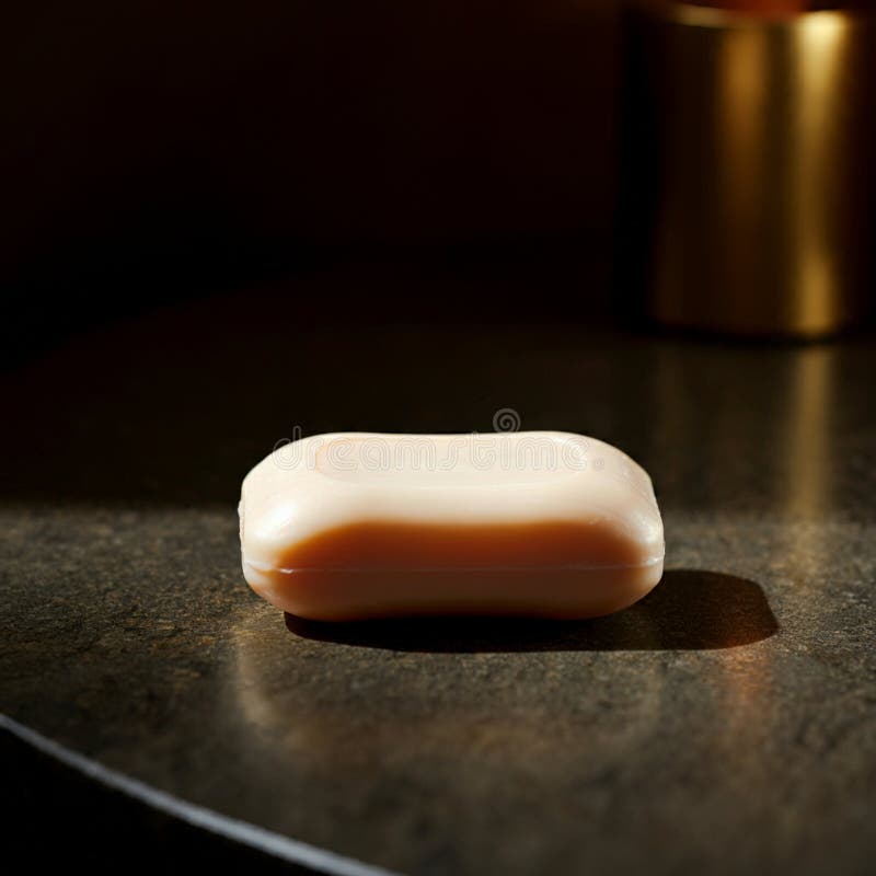 Beige Bar of Soap Rests on a Dark, Smooth Countertop. it Has a Simple ...