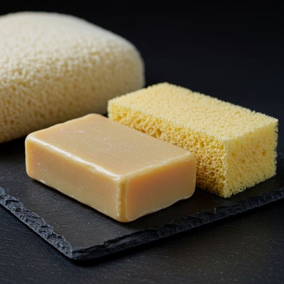 A Beige Bar of Soap Rests on a Textured Black Slate Surface Alongside ...