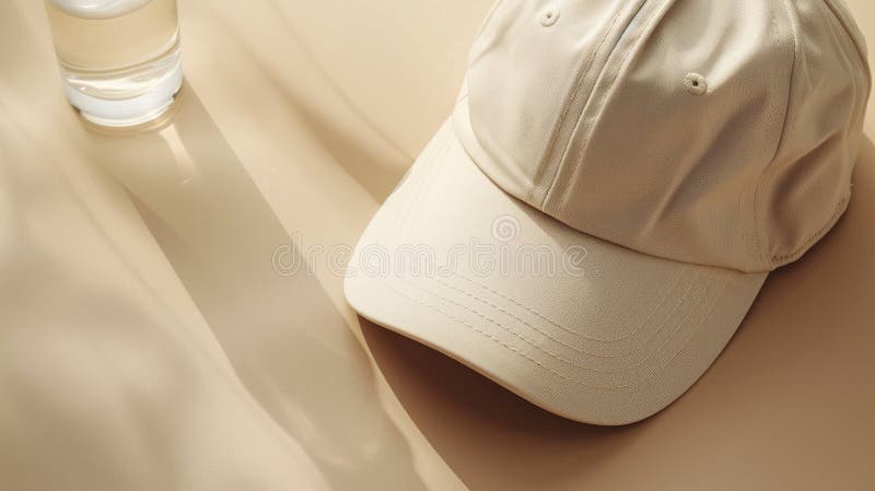 Beige Baseball Cap with a Glass of Water on a Neutral Background. Stock ...