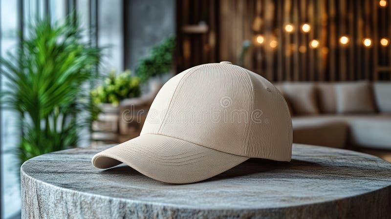 Beige Baseball Cap Mockup with Wood Grain Pattern on White Background ...