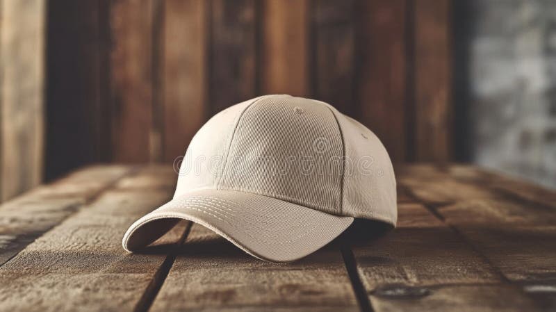 Beige Baseball Cap on Rustic Wood Table Against Brown Wooden Backdrop ...