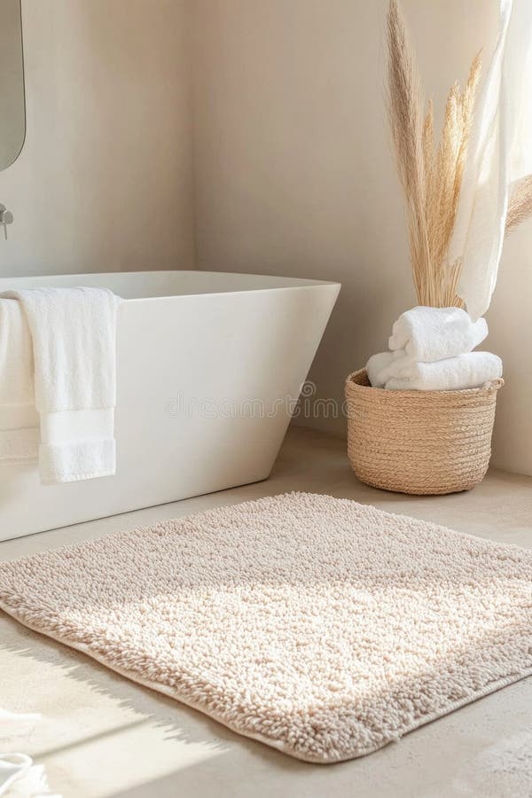 Modern Minimalist Bathroom Interior Design Featuring Beige Mat, White ...